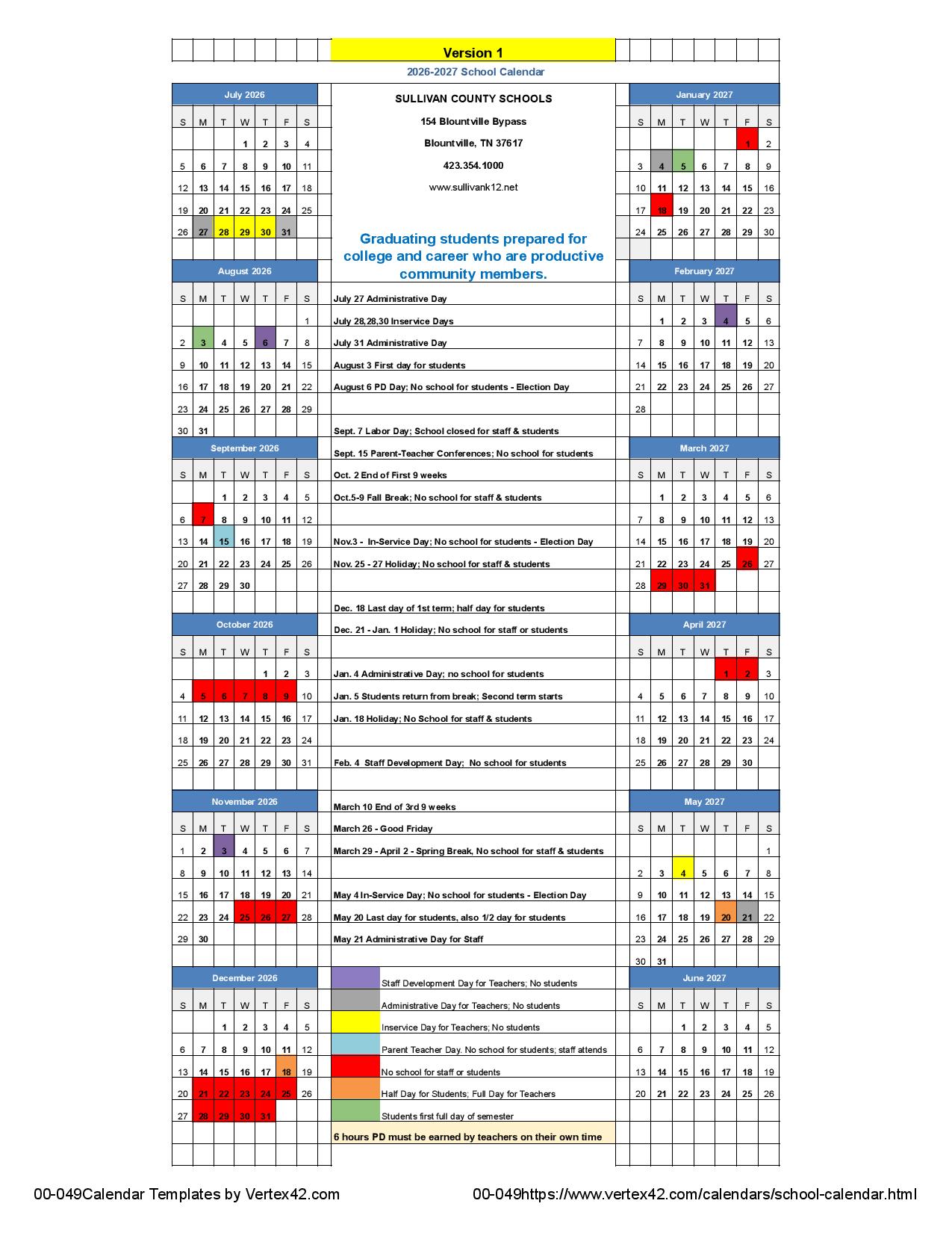 Sullivan County School Calendar 2026-2027 in PDF | TN