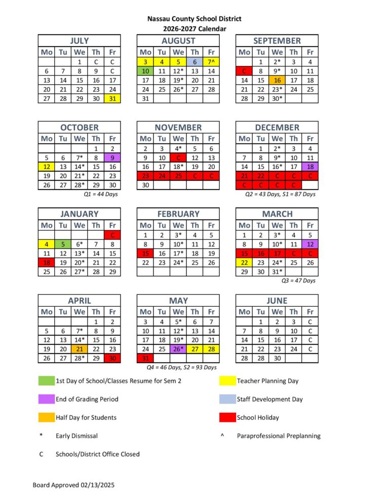Nassau County School District Calendar 2026-2027 in PDF