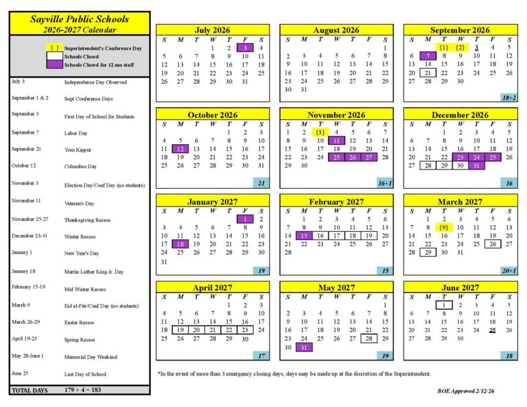 Sayville School District Calendar 2026-2027 in PDF