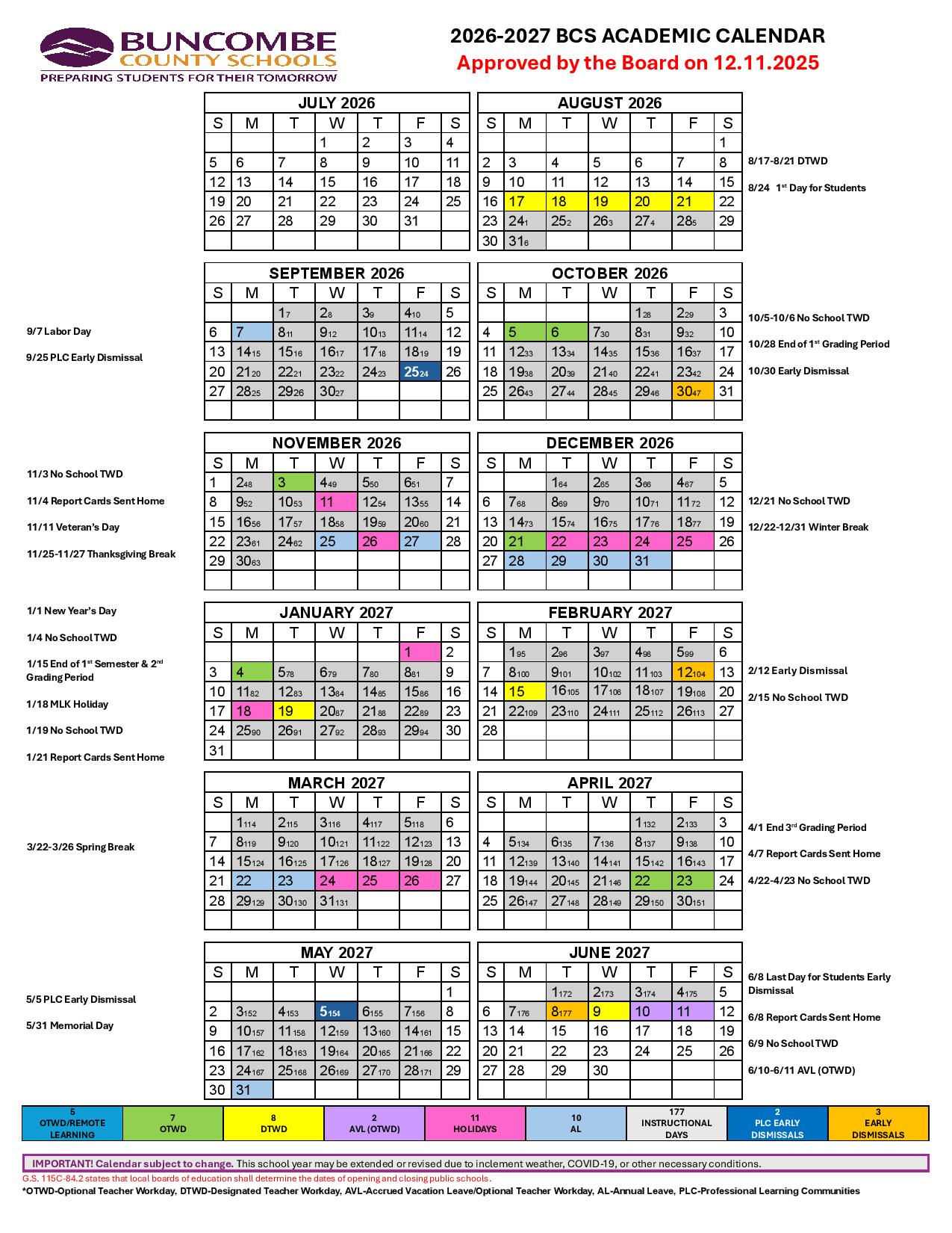 Buncombe County Schools Calendar 2026-2027 in PDF