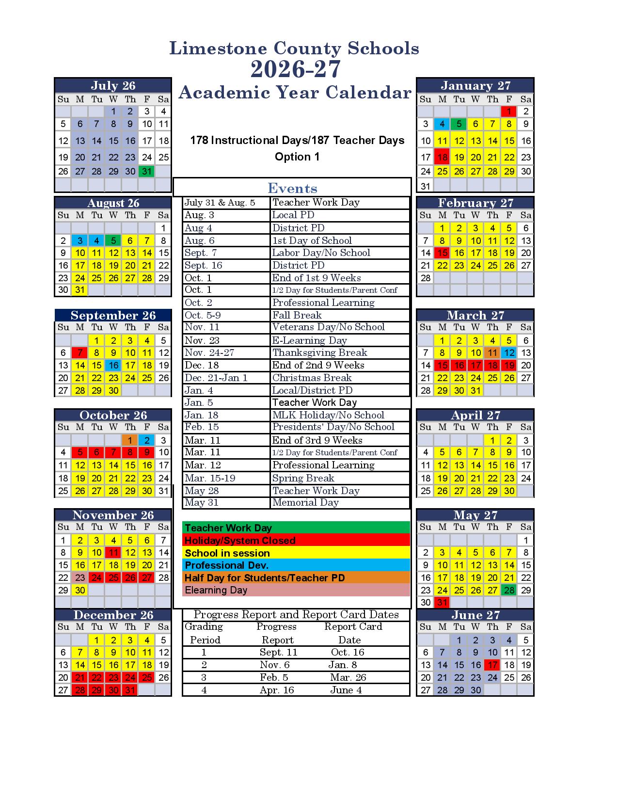 Limestone County School District Calendar 2026-2027 in PDF